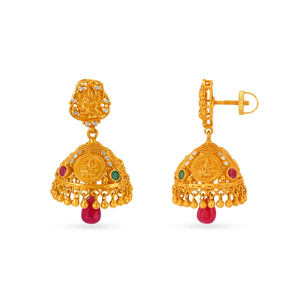 Lakshmi Motif Emerald And Ruby Gold Drop Earrings
