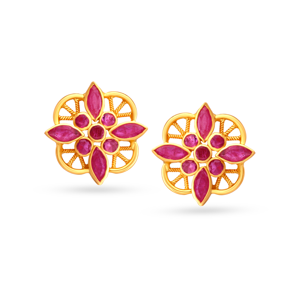 Elegant Ruby Floral Gold Stud Earrings