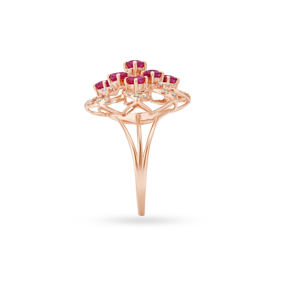 Glamorous Floral Ruby Studded Gold Finger Ring