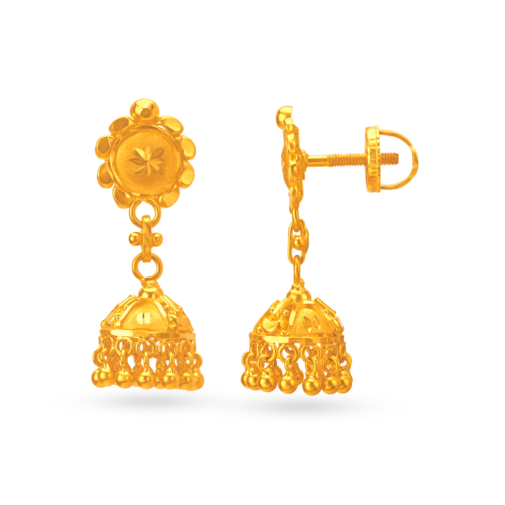 Striking 22 Karat Yellow Gold Dainty Floral Jhumka Earrings