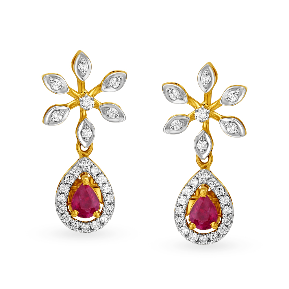 Alluring 18 Karat Yellow Gold And Diamond And Ruby Drops