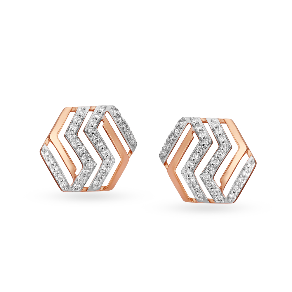 Chic Geometric Hexagonal Rose Gold and Diamond Stud Earrings