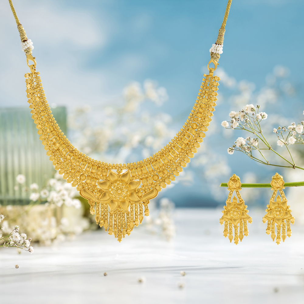 Palatial Floral Motif Gold Necklace Set