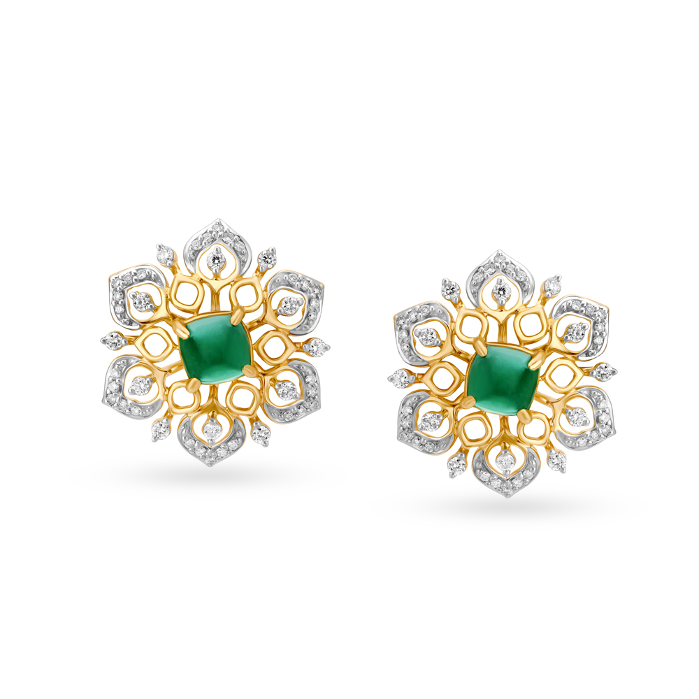 Attractive 18 Karat Yellow Gold And Diamond Edgy Flower Stud Earrings