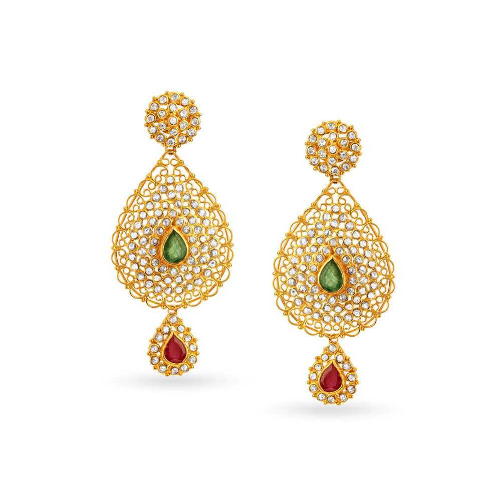 Magnificent Emerald And Ruby Gold Drop Earrings