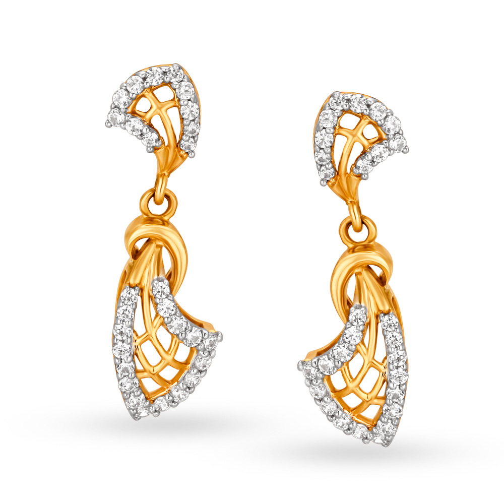 Diamond studded Gold Drop Earrings in Teardrop pattern