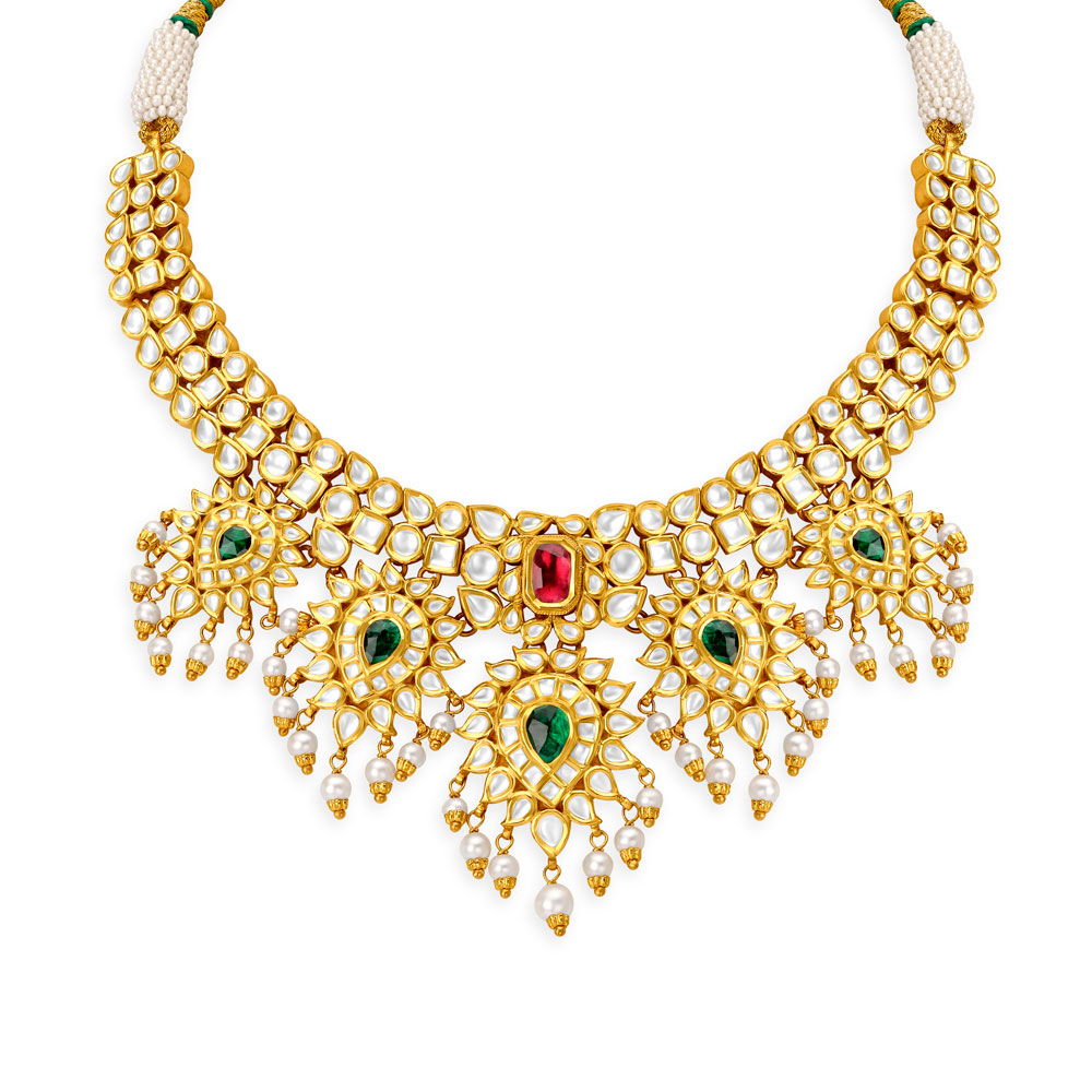 Coloured Stones Studded Leaf Motif Gold Necklace Set